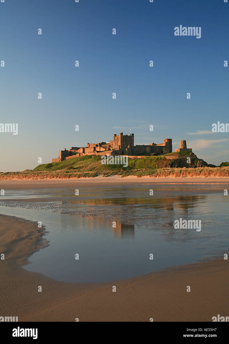 UK England Northumberland Bamborough Castle and North Sea at dawn Stock ...