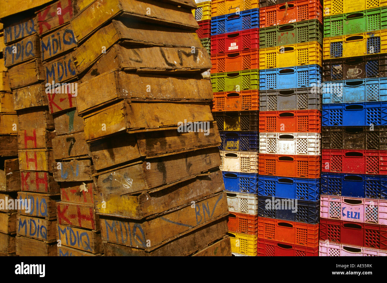 Colourful plastic and wooden fish crates in Larache fishing harbour ...