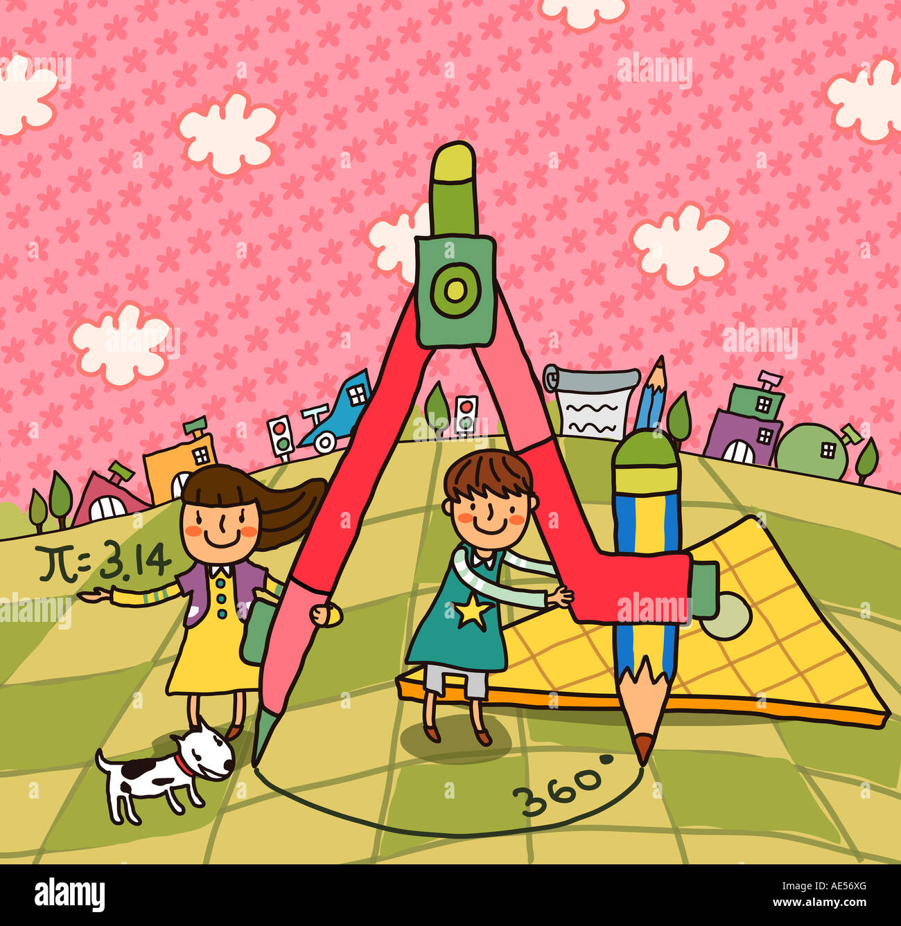 Boy and a girl holding a drawing compass Stock Photo - Alamy