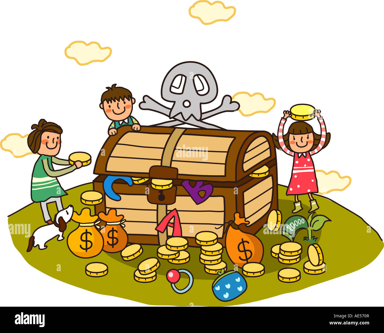 Three children standing near a treasure chest Stock Photo - Alamy