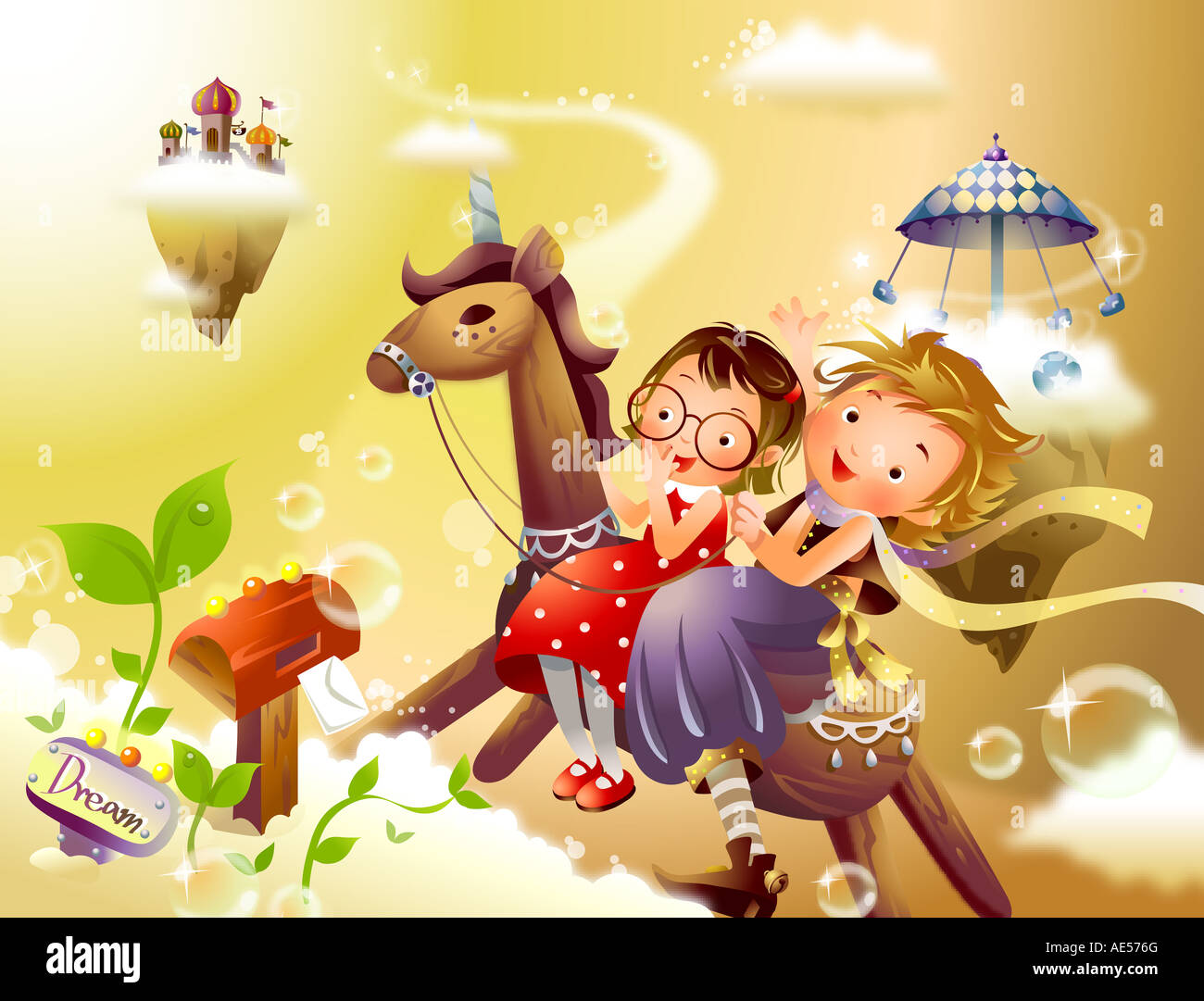 Side profile of two girls riding a wooden unicorn Stock Photo - Alamy