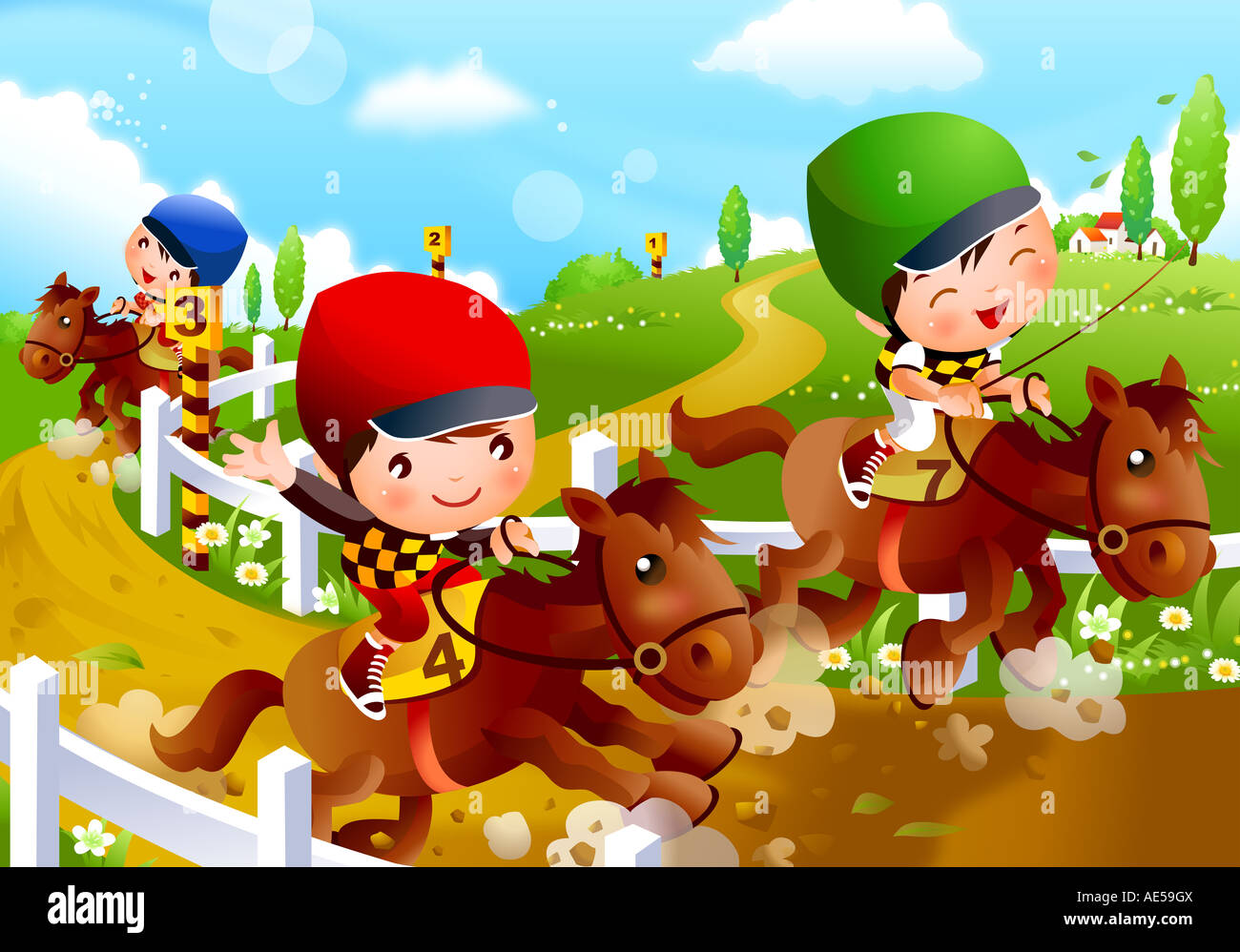Three boys riding horses in a race Stock Photo - Alamy