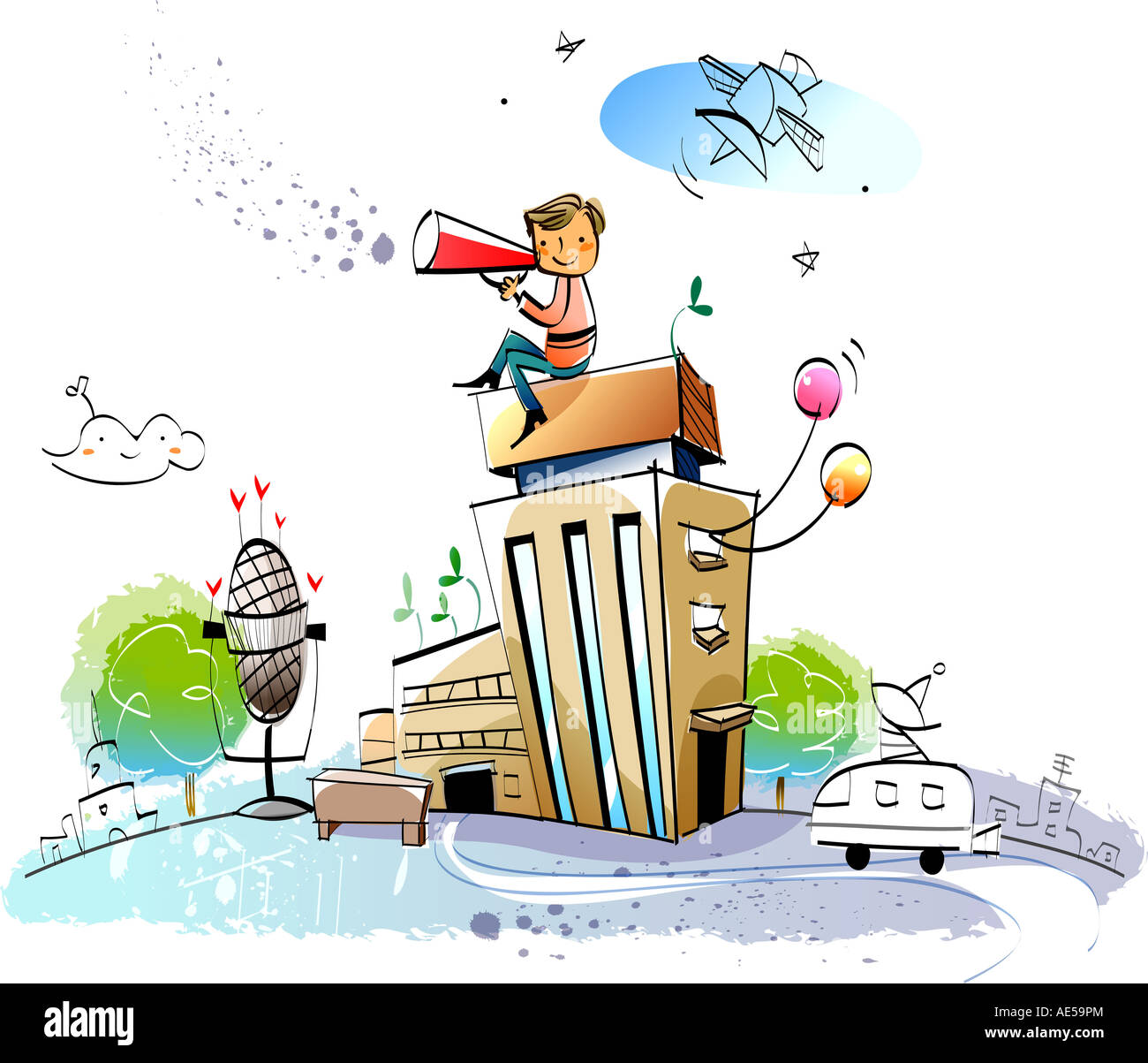 Man sitting on a building and blowing a bullhorn Stock Photo - Alamy