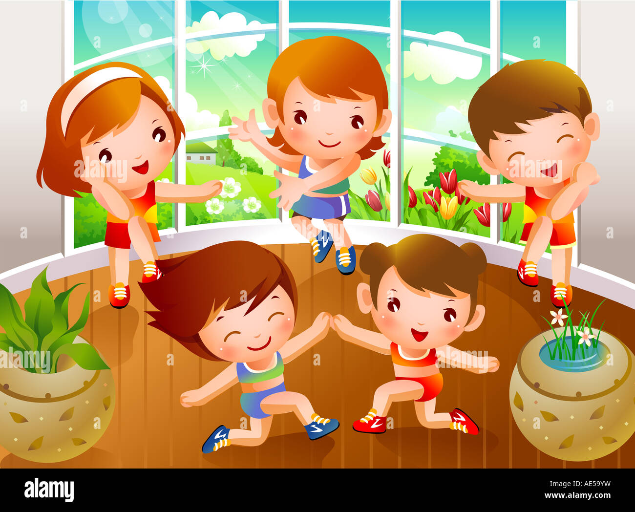 High angle view of two boys and three girls dancing Stock Photo - Alamy