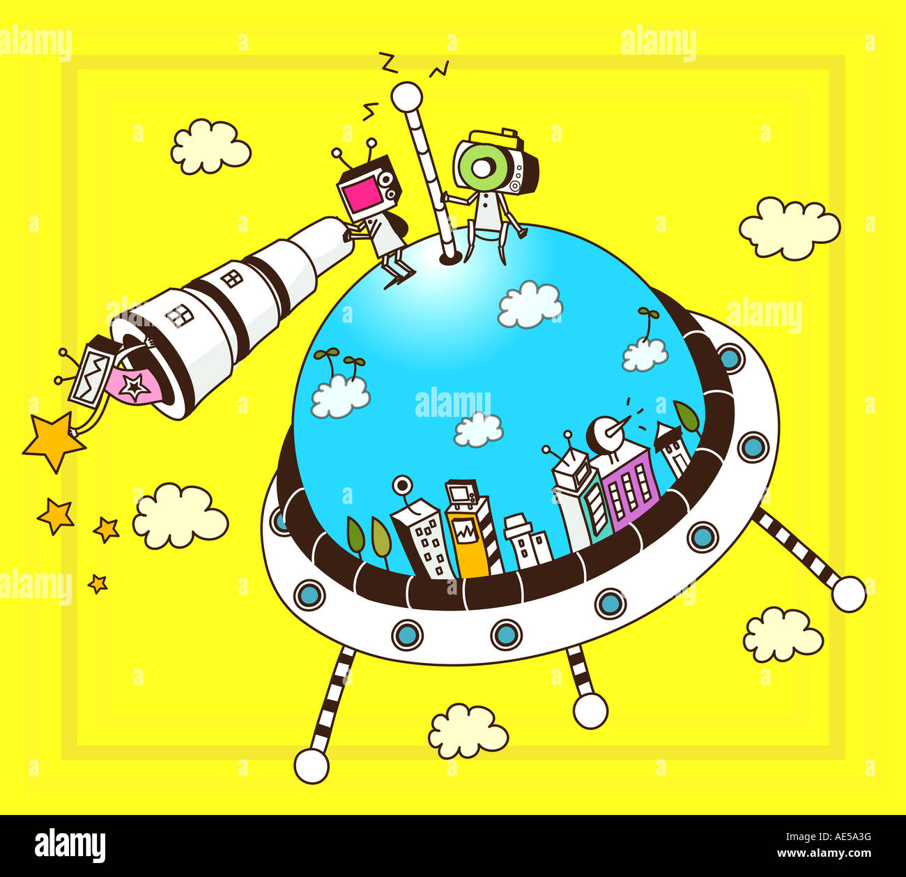 Robots with a telescope on an UFO Stock Photo - Alamy