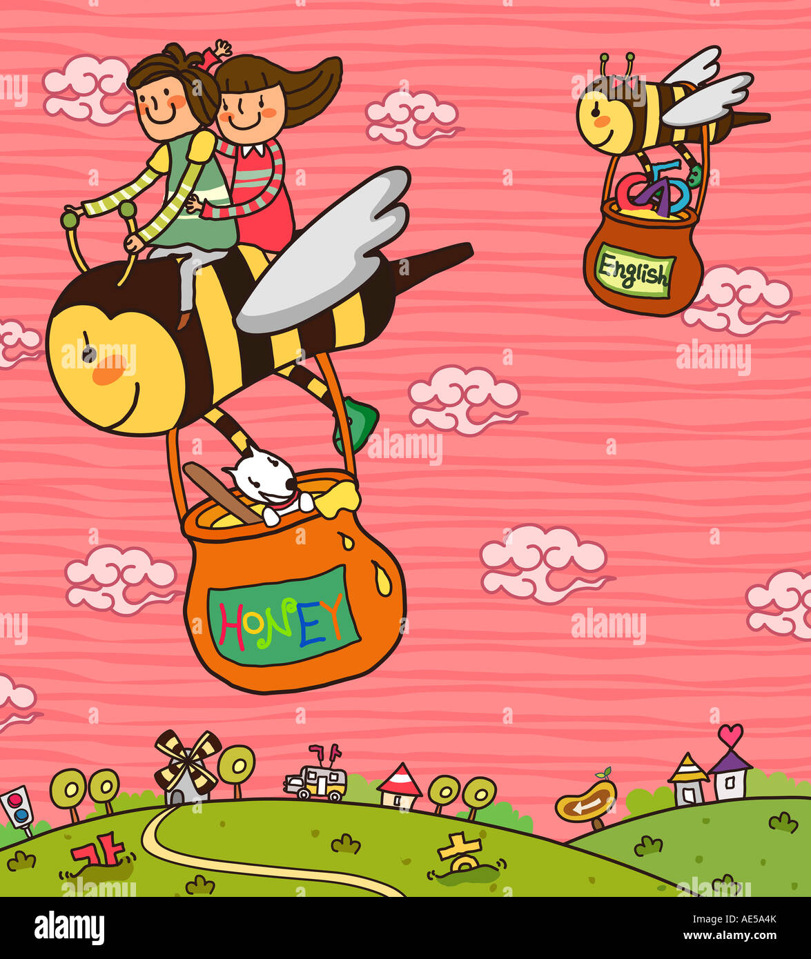 Boy and a girl sitting on a honey bee and flying with the honey ...