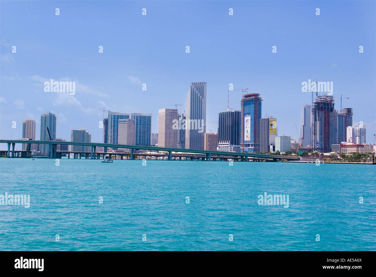 Skyscrapers of the downtown Miami skyline with bridge and Biscayne Bay ...