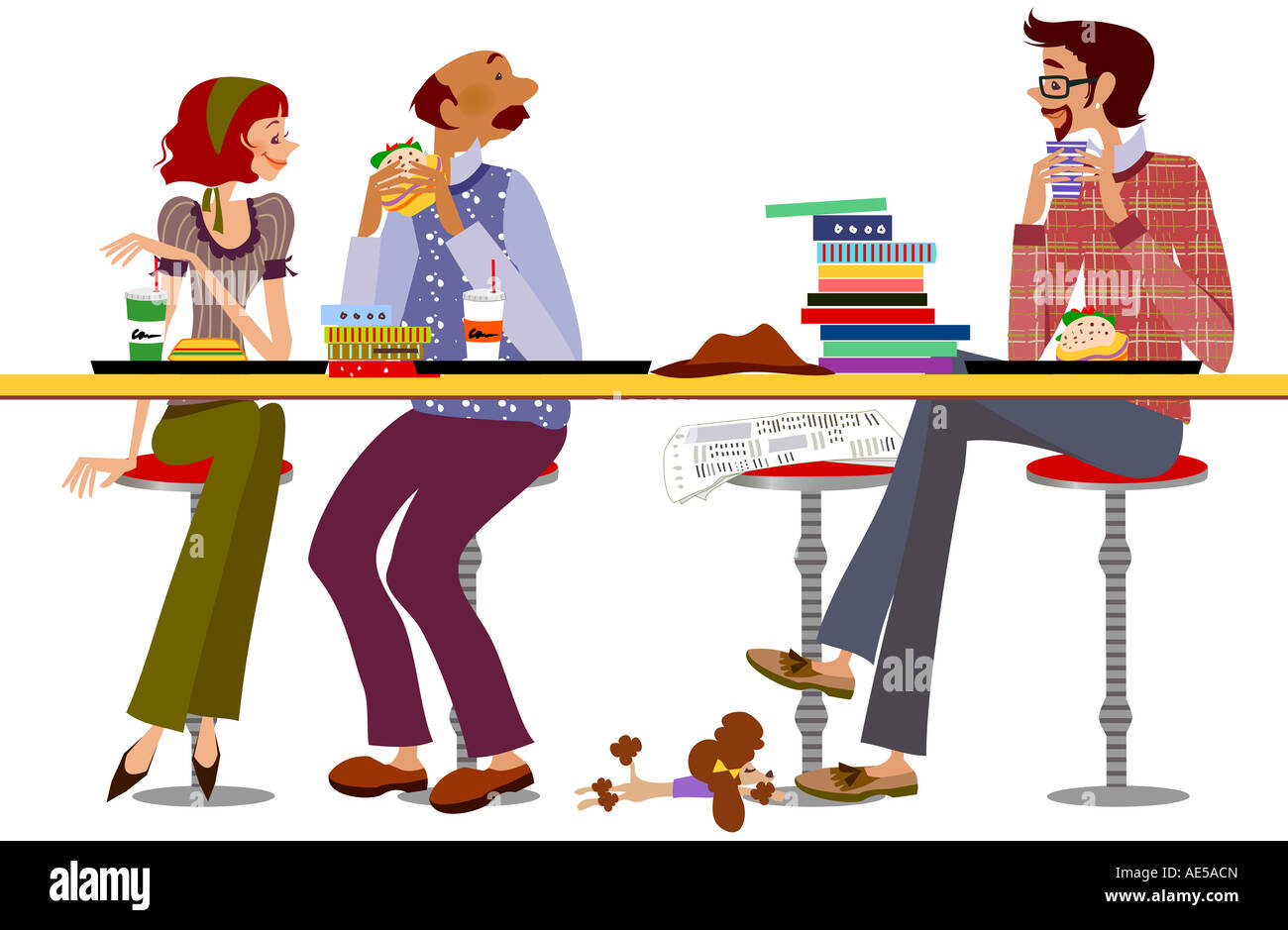 Three people sitting at a table in a cafeteria Stock Photo - Alamy