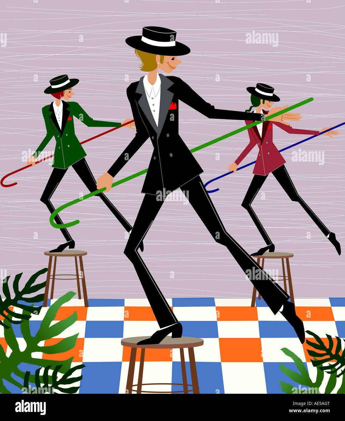 Three people dancing on the stools with canes Stock Photo - Alamy