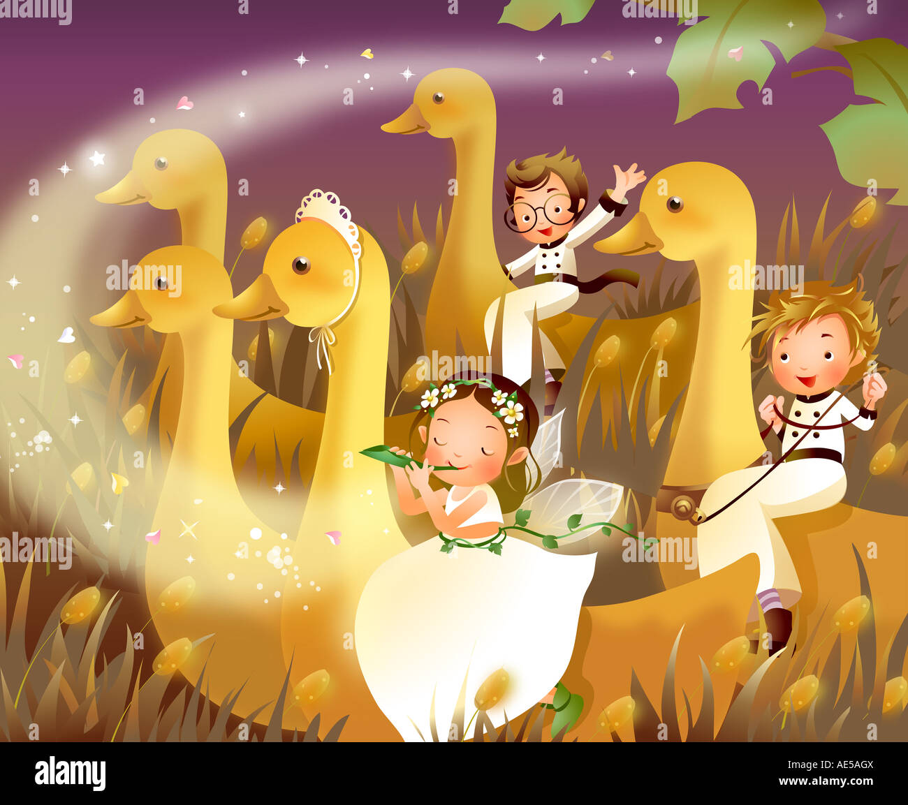 Two boys and a girl riding ducks Stock Photo - Alamy