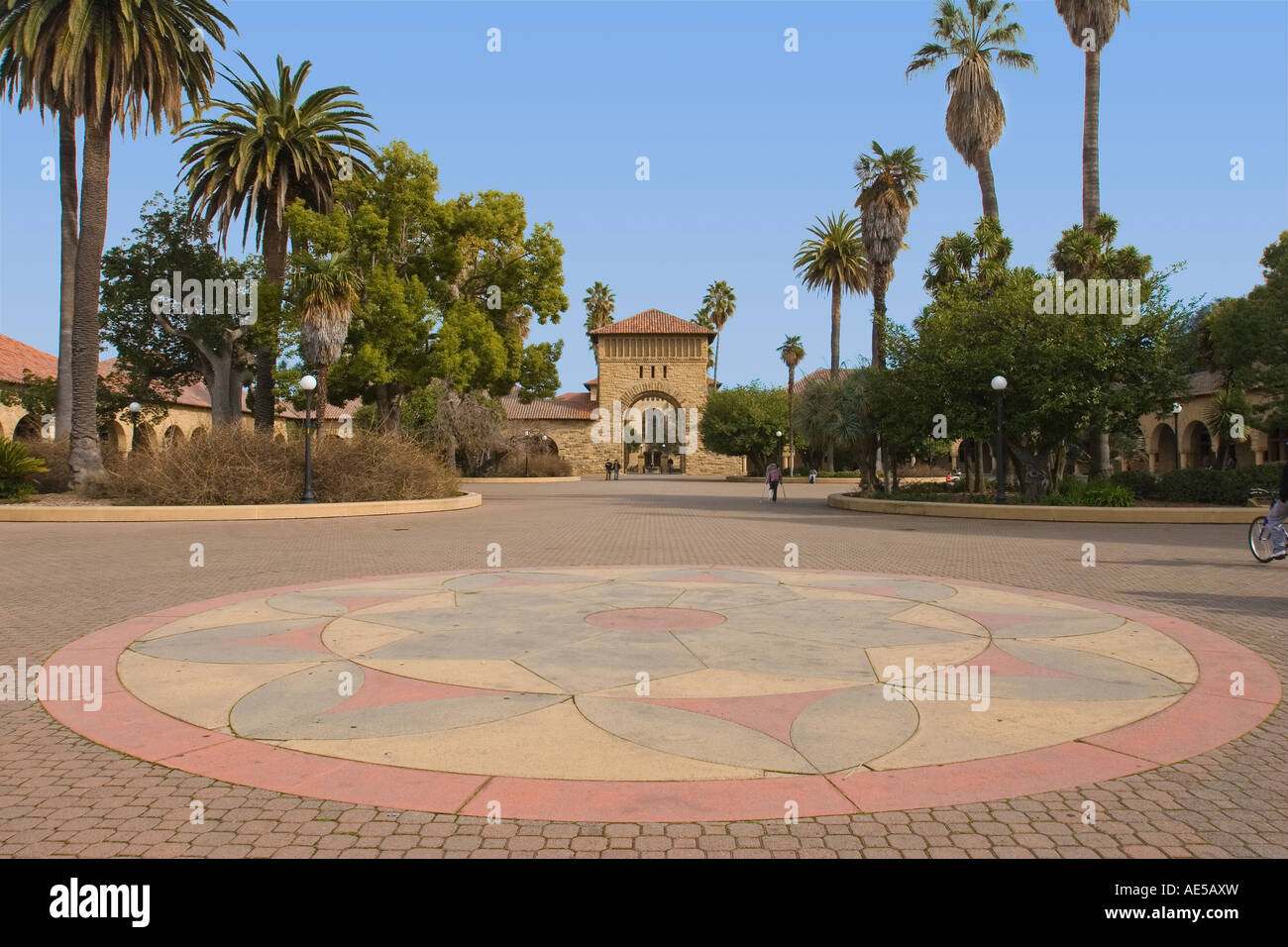 Stanford University main quad with medallion in brick plaza surrounded ...