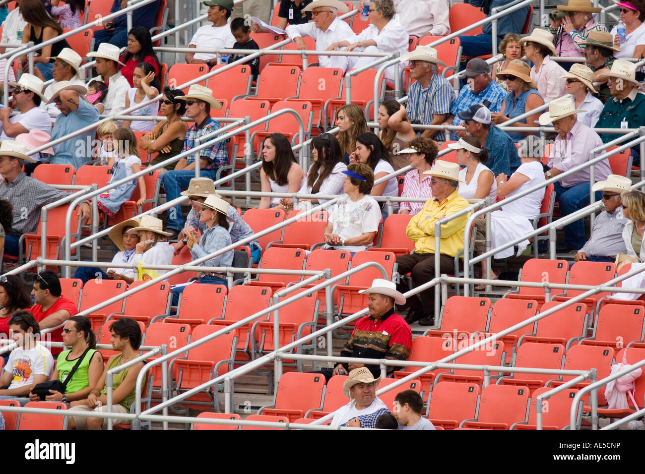 Hispanic and Caucasian crowd wearing cowboy hats watching rodeo from ...