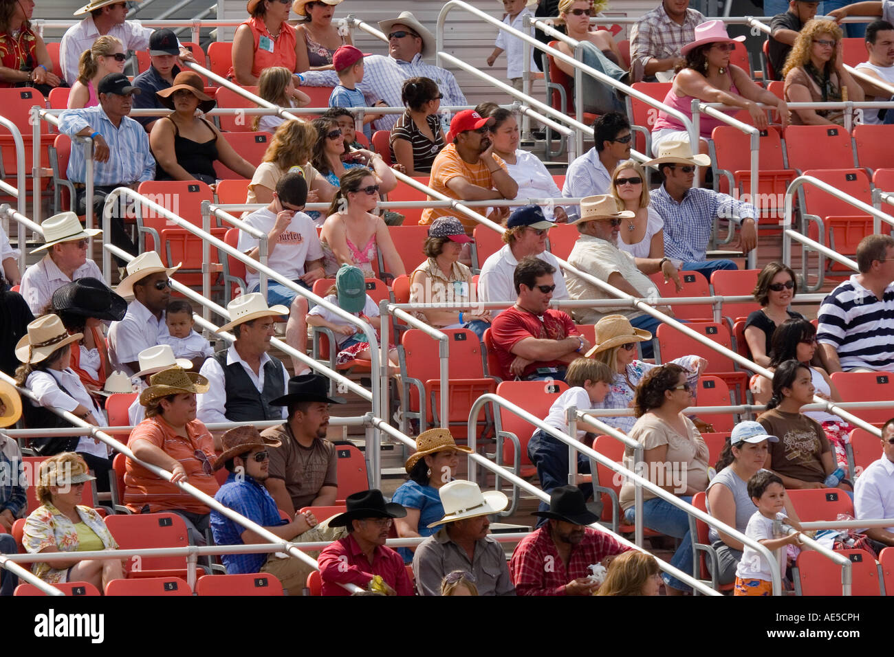Hispanic and Caucasian crowd wearing cowboy hats watching rodeo from ...