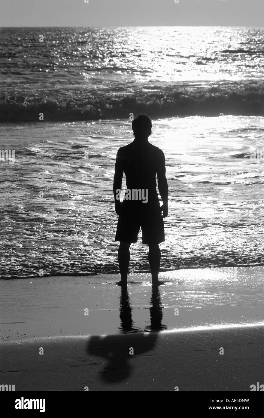 Silhouette of man standing in wet sand on beach looking out at Pacific ...