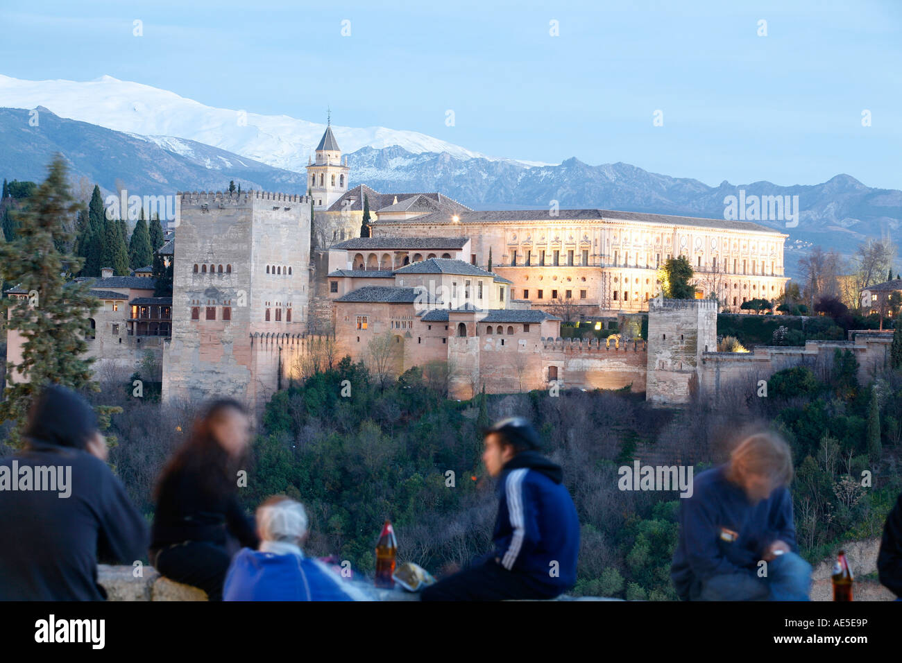 Alhambra in Granada with Sierra Nevada at nightfall, Granada, Andalucia ...