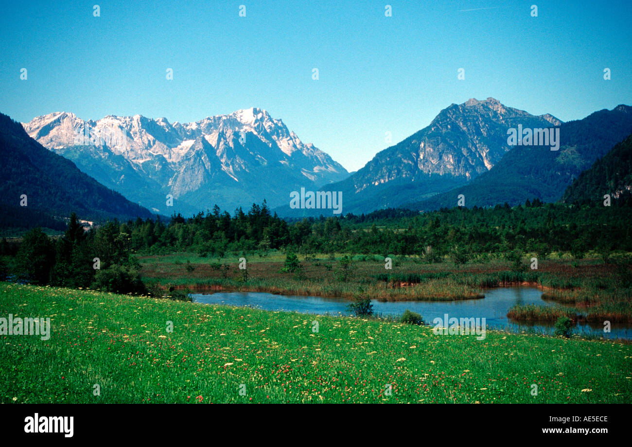 view of the Zugspitze highest mountain in Germany from Farchant Sieben ...