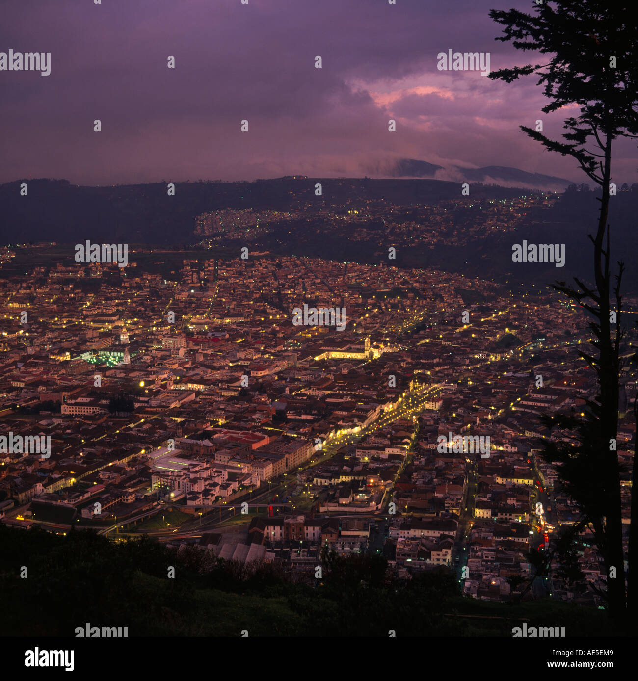 Night view of the twinkling city lights at dusk from La Libertad of ...