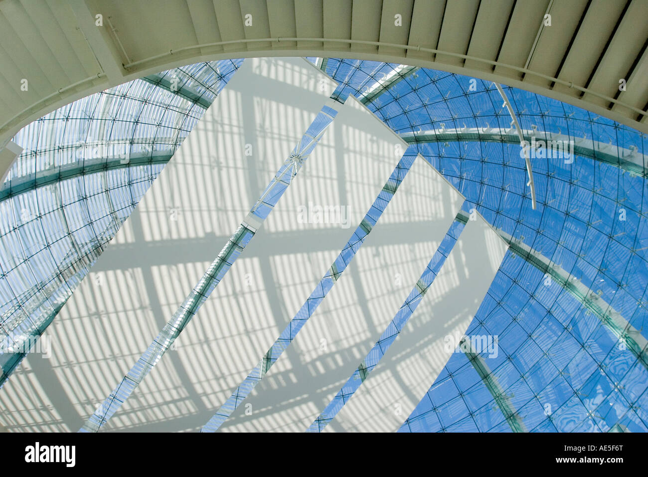 Looking up at dramatic glass dome window of San Jose City Hall rotunda ...