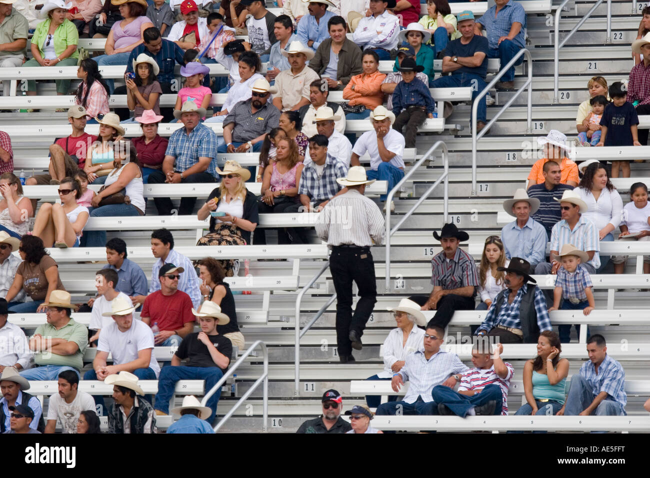 Rodeo crowd sitting in stadium bleacher seats with man in a cowboy hat ...