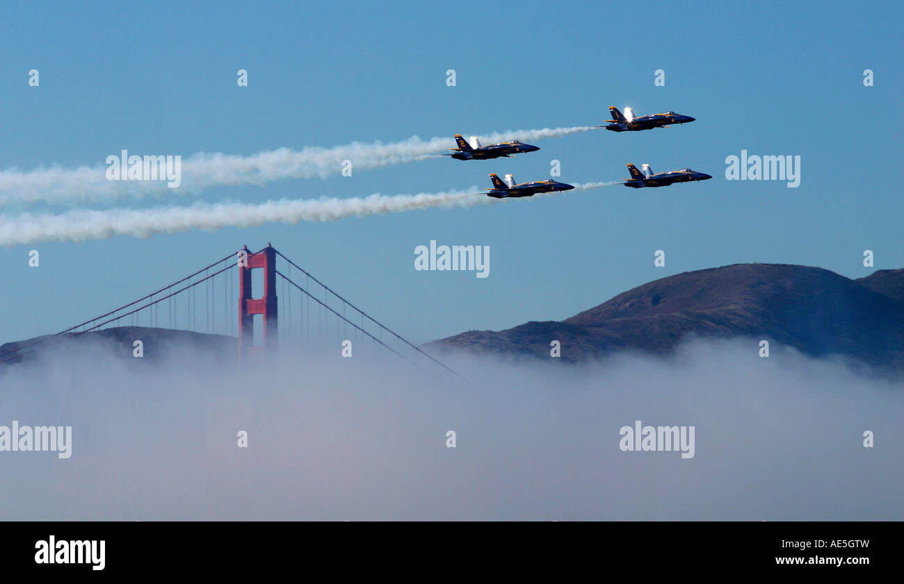 US Navy Blue Angels jet airplanes flying in formation over Golden Gate ...