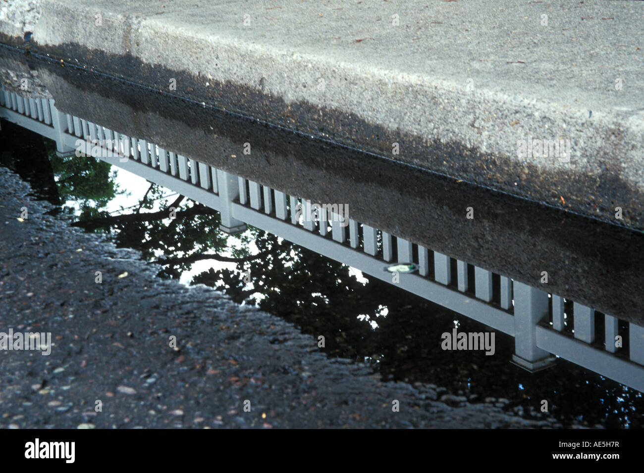 White picket fence reflecting in a long thin puddle along the curb of a ...