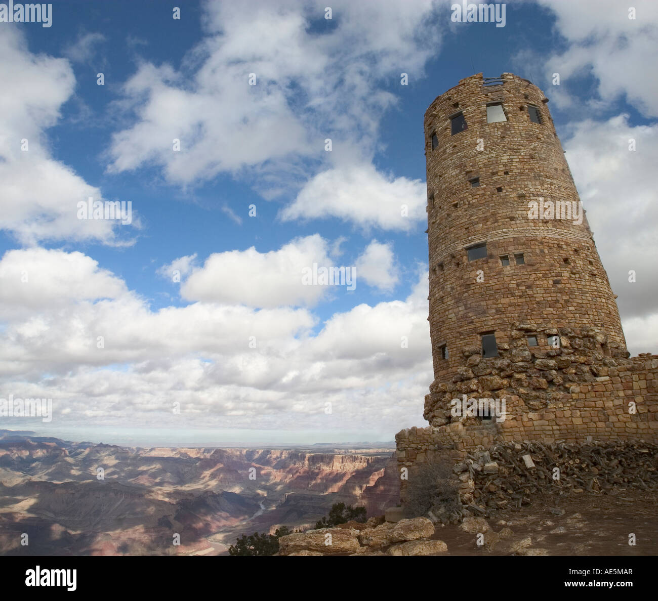 Stone watchtower on promontory at Desert View overlooking layers of ...