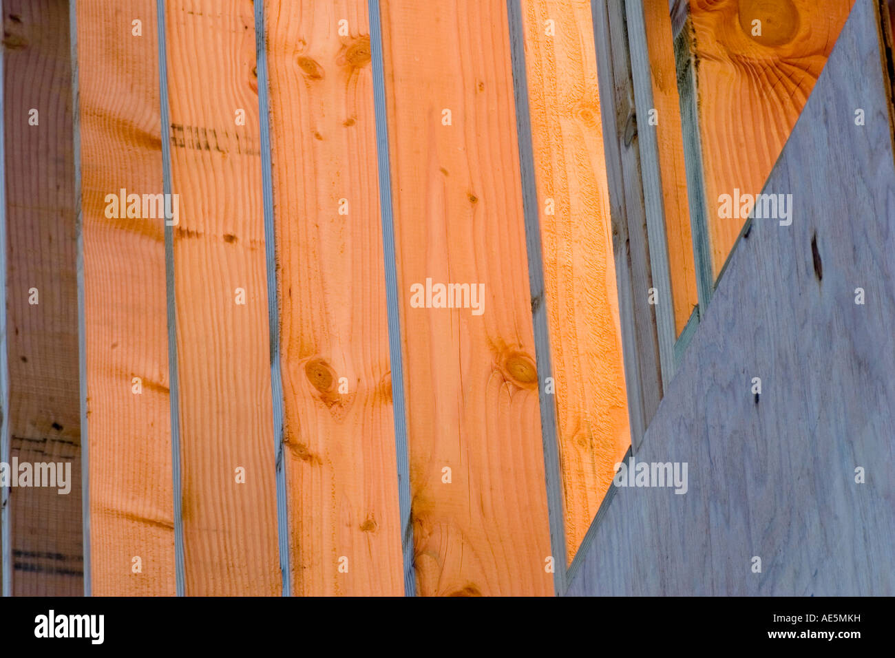 Structure of a framed wall at a construction site showing wood studs ...