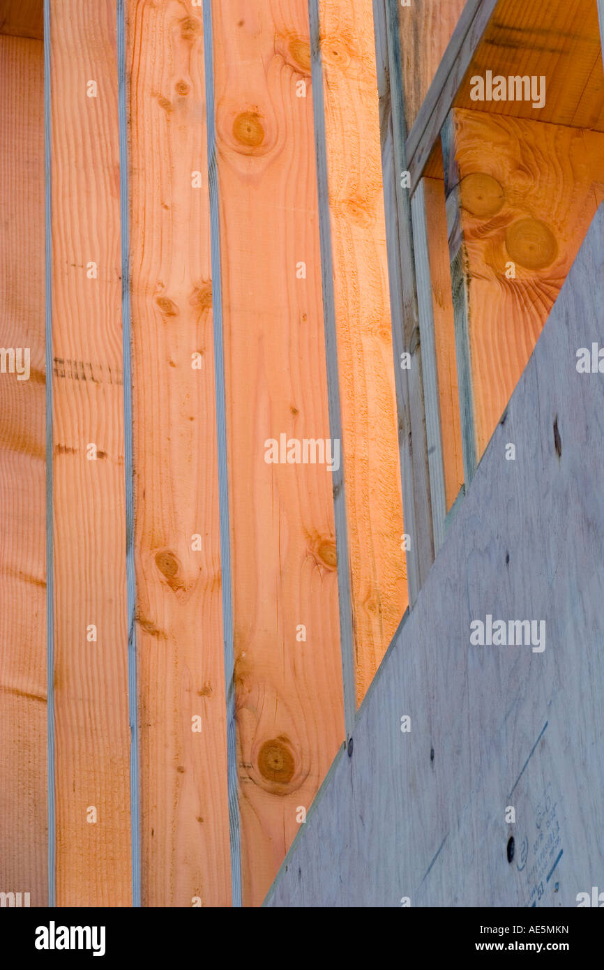 Structure of a framed wall at a construction site showing wood studs ...