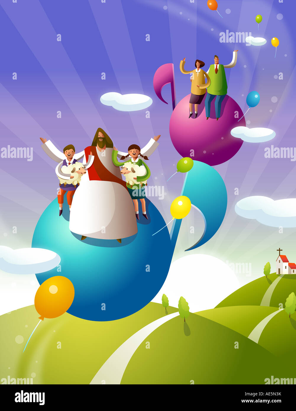 Jesus Christ with two children traveling with balloon in the sky Stock ...