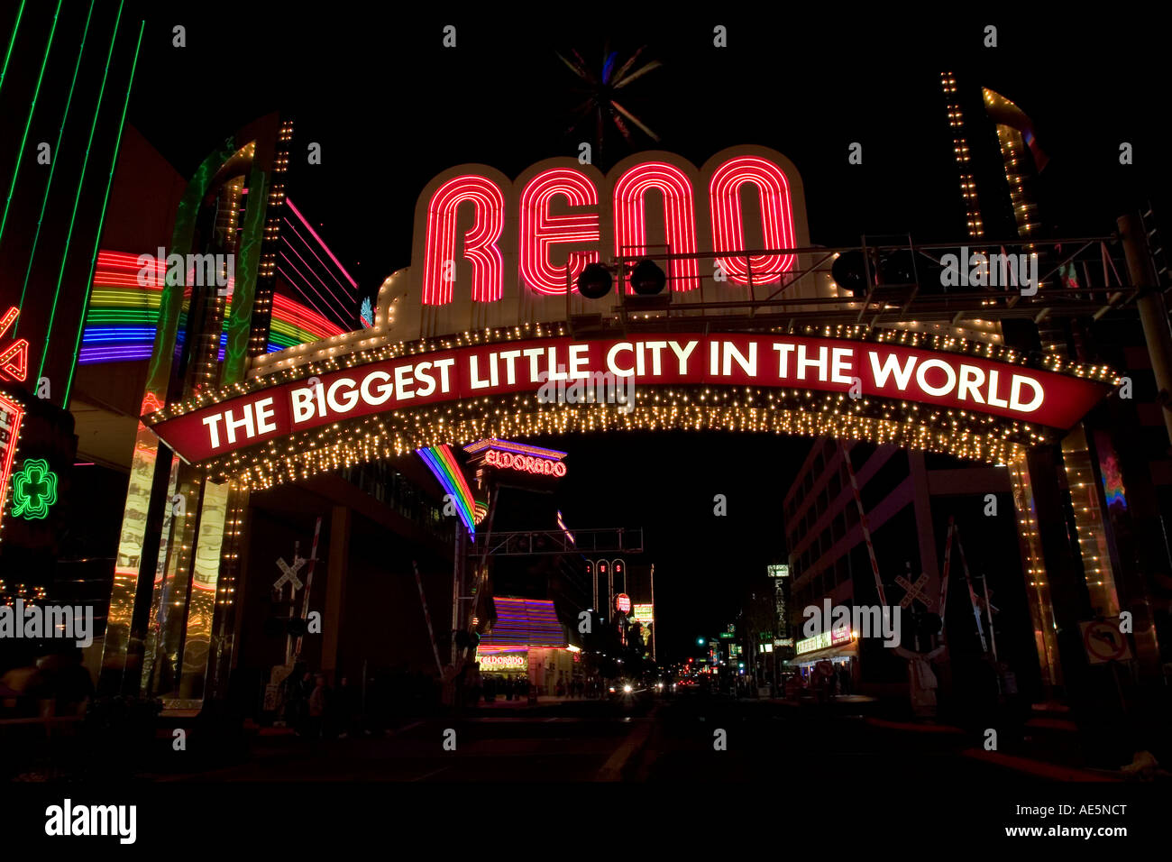 Neon sign at the gateway arch to the strip on Virginia Street Reno The ...