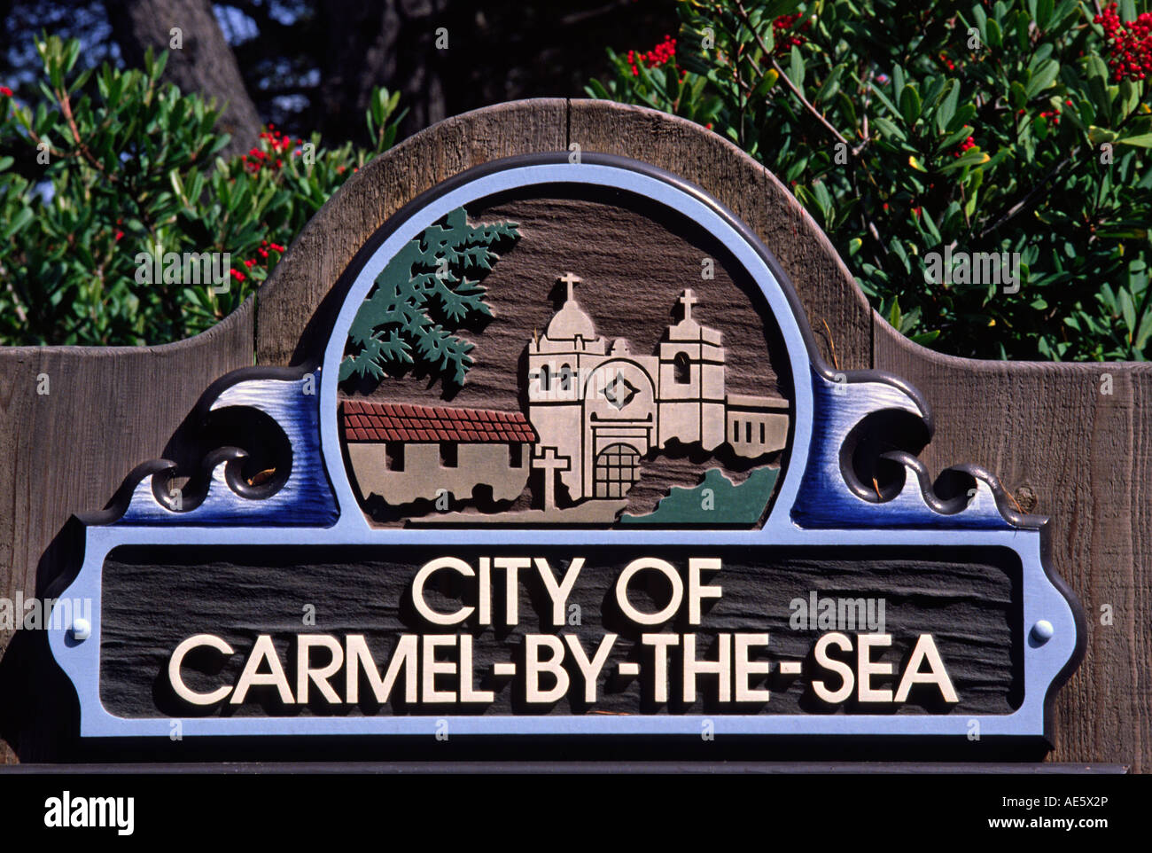 Carved WOODEN SIGN of the city of CARMEL depicting the Carmel Mission ...