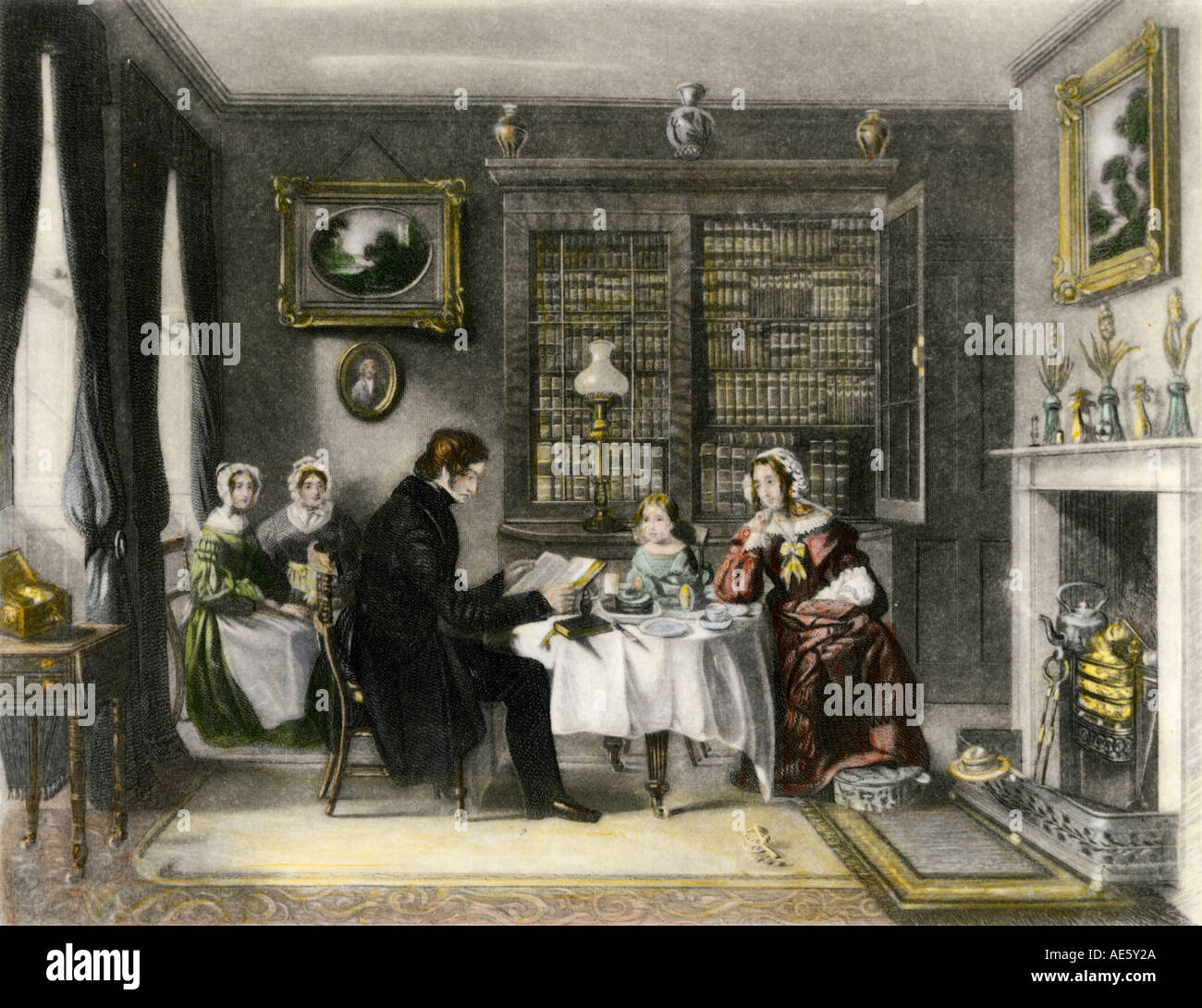 Morning worship in a Victorian family home. Hand-colored engraving ...