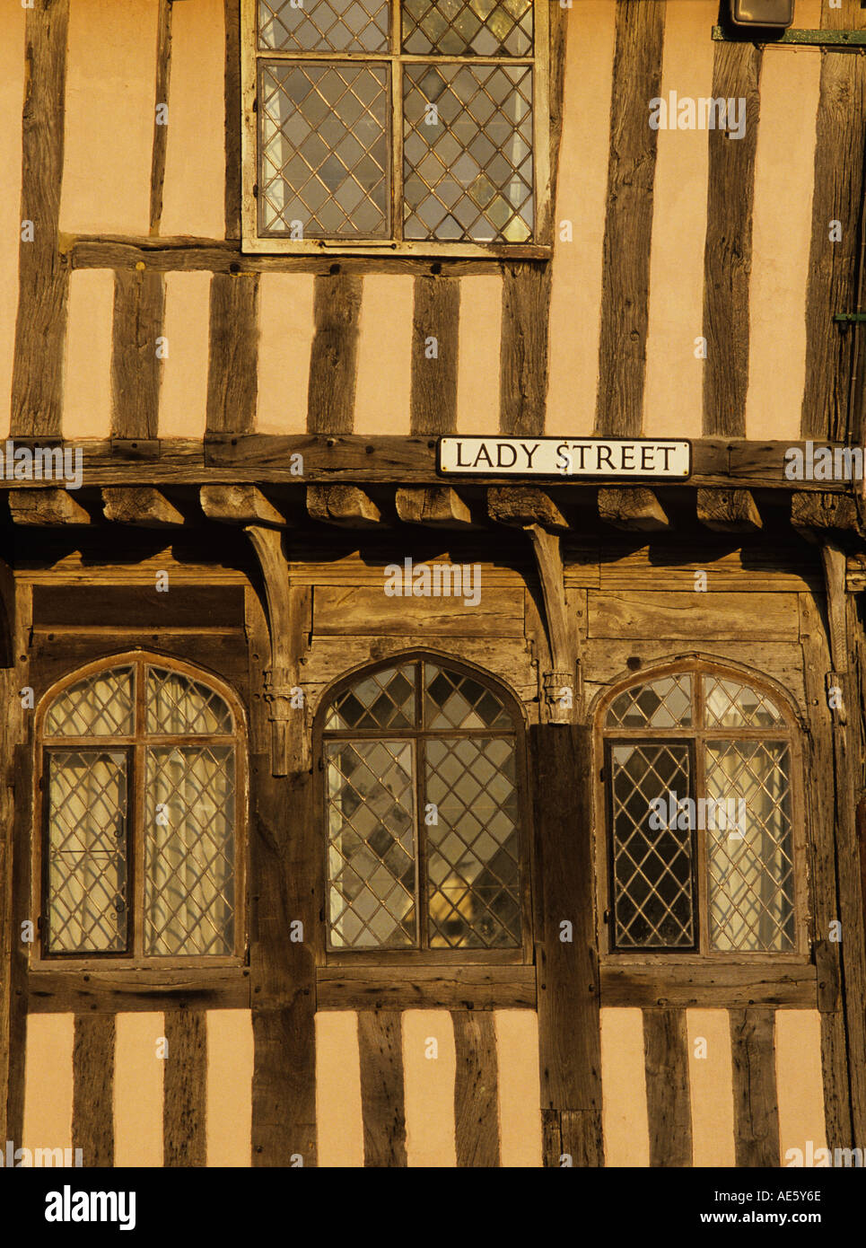 details of the oak timbers on the front of a medieval house in Lavenham ...