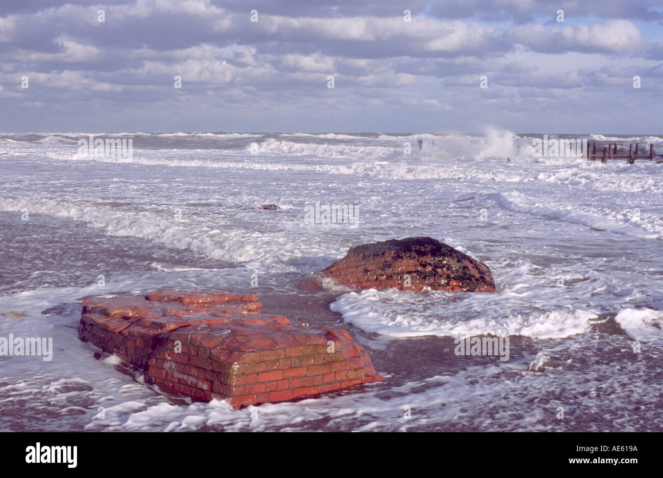 RELICS OF OLD HAPPISBURGH LIGHTHOUSE ON BEACH AT HAPPISBURGH NORFOLK ...
