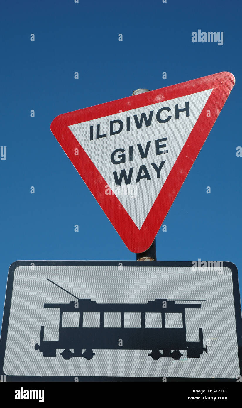 Give Way road sign warning of trams on the Great Orme, Llandudno, North ...