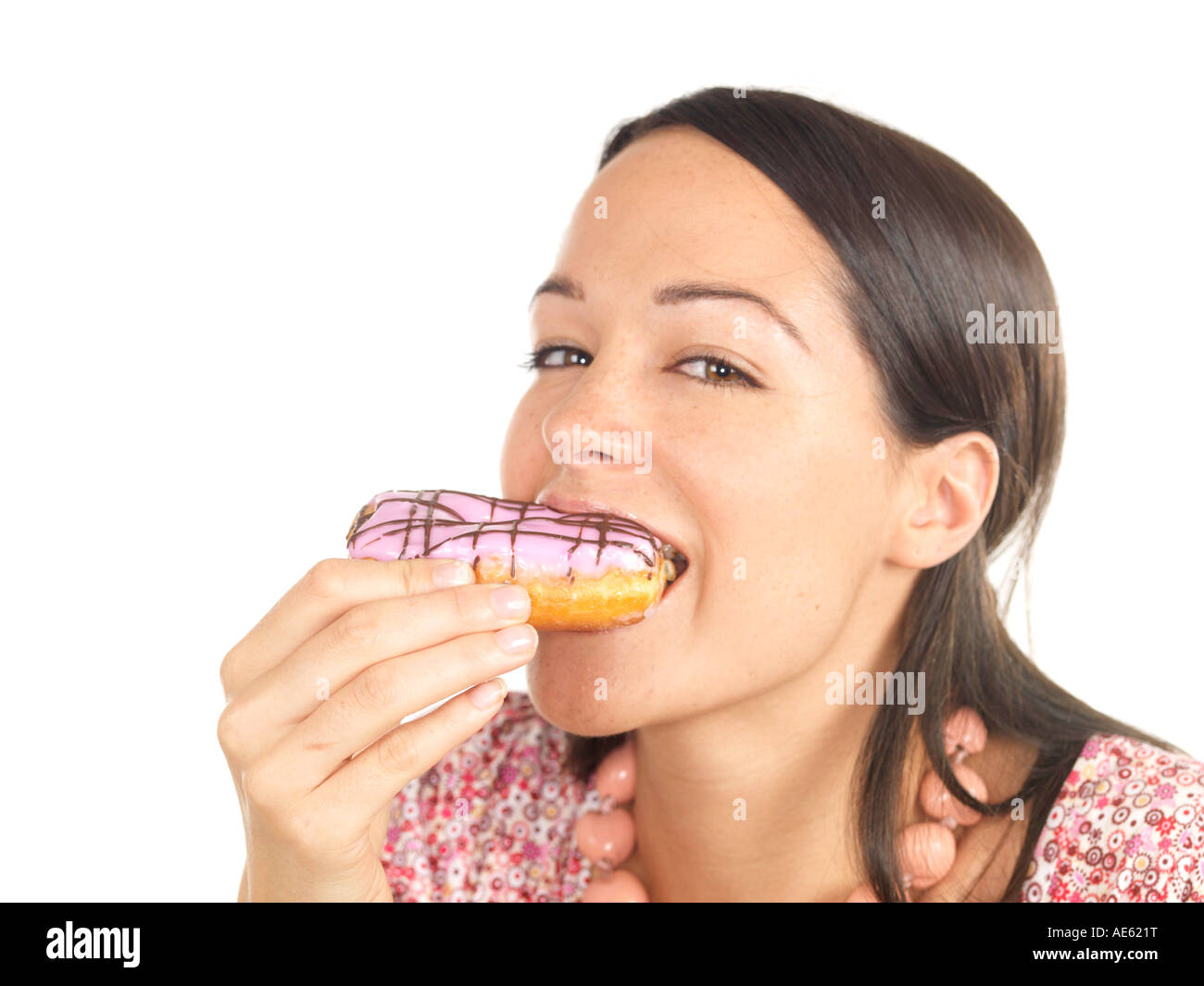 Young Woman Eating Raspberry Doughnut Model Released Stock Photo - Alamy