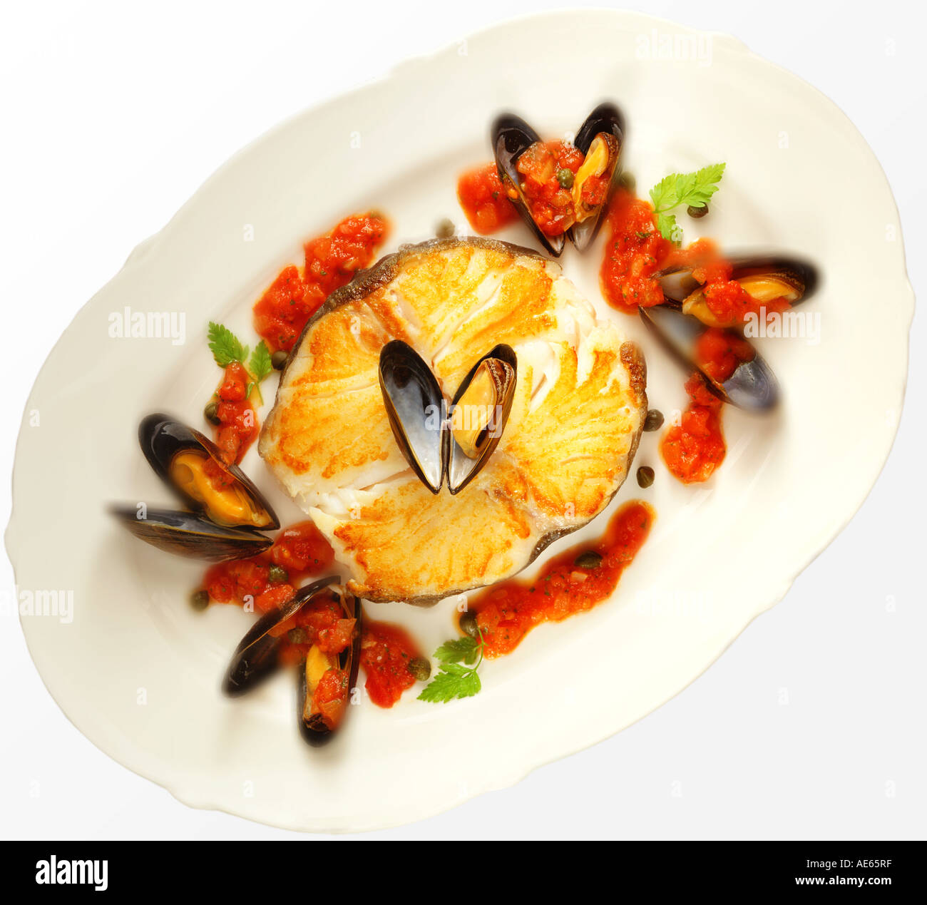 Salmon and Muscles white Stock Photo - Alamy