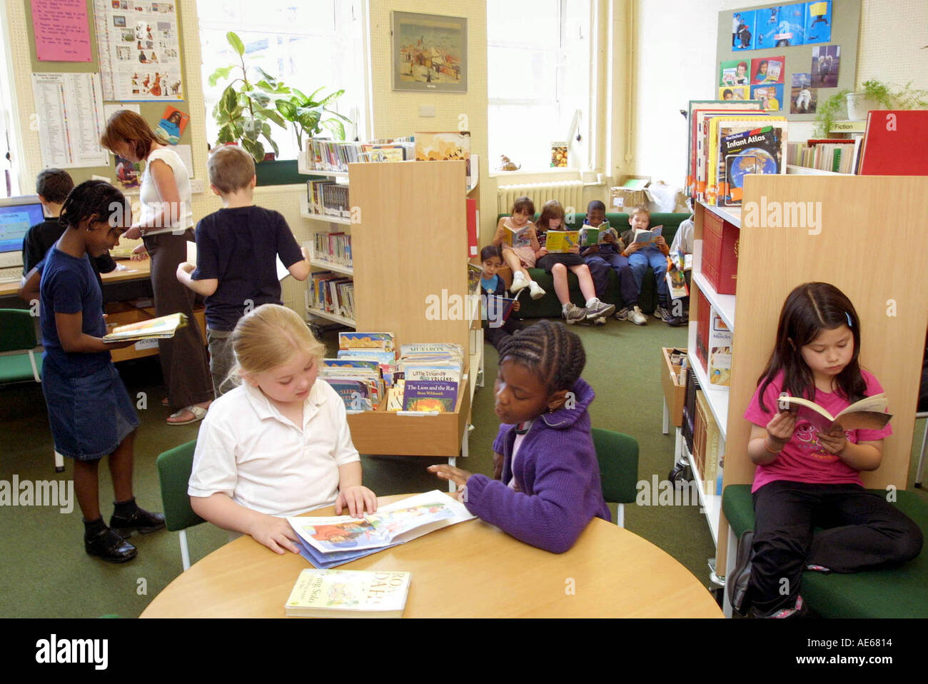 Primary school children 7 to 8 year old in library Stock Photo - Alamy