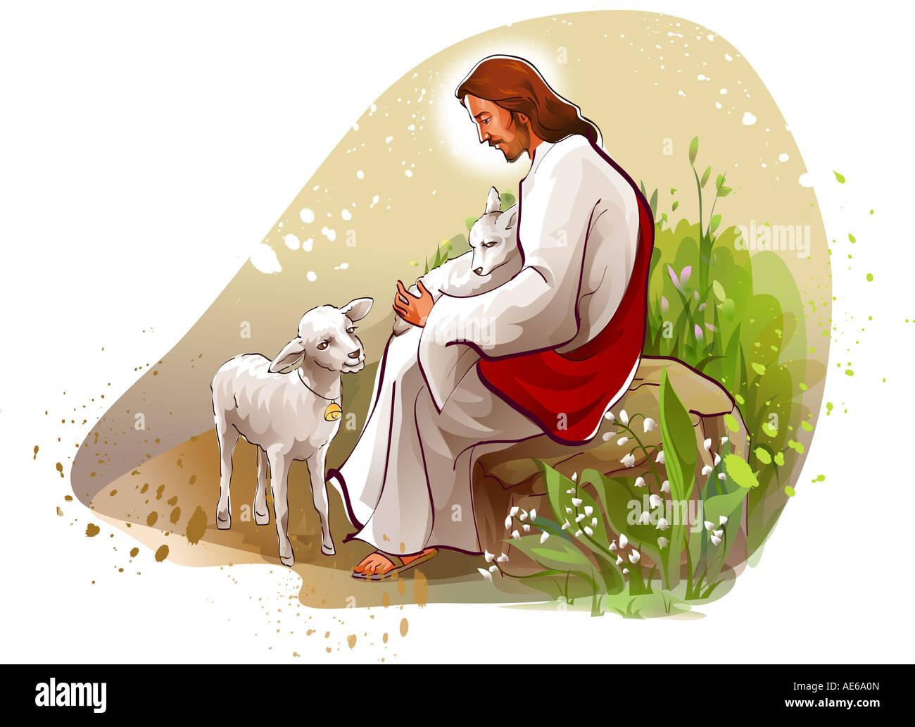 Jesus Christ sitting on a rock with two lambs Stock Photo - Alamy