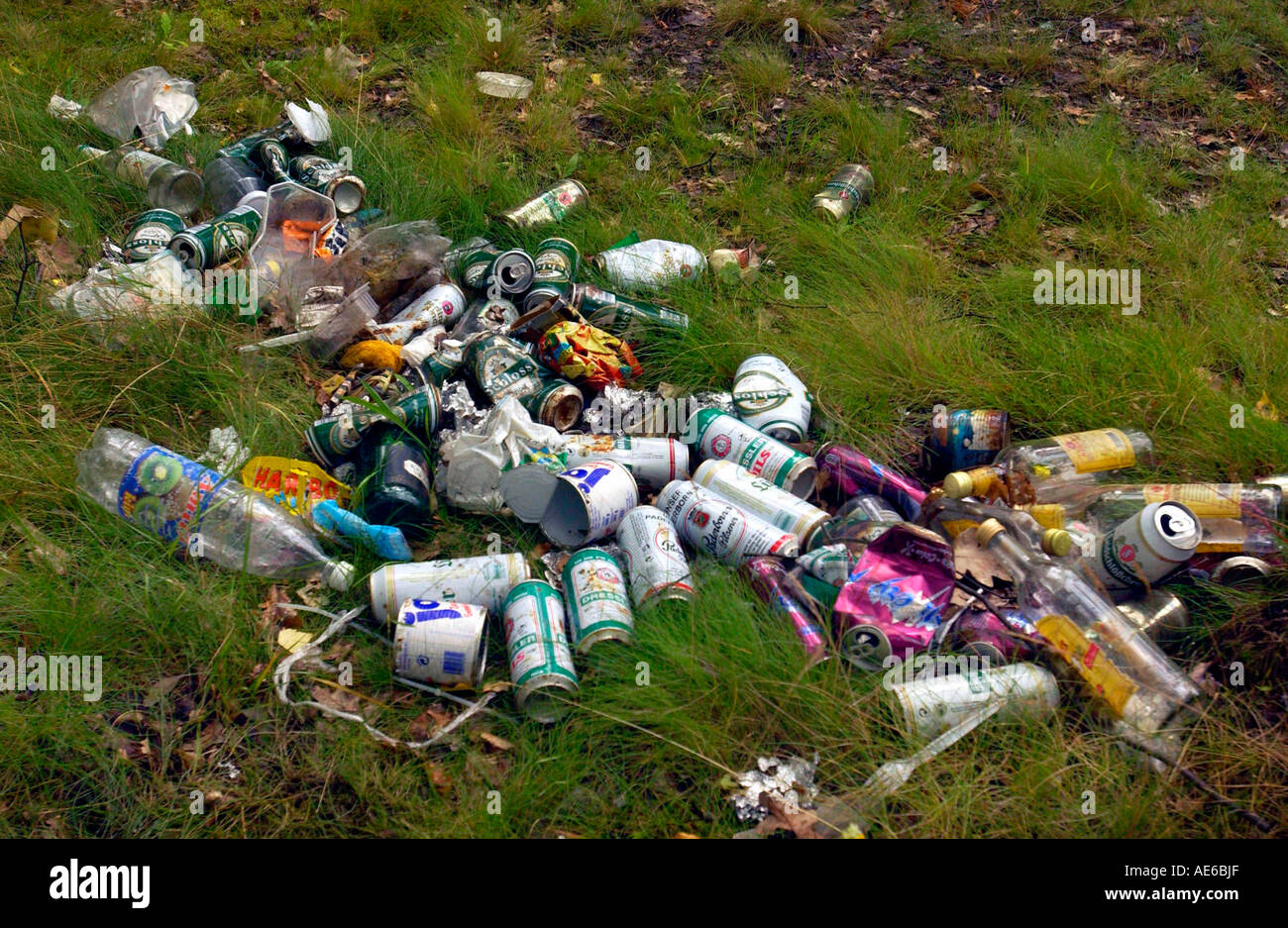 garbage after a party night on a camping site Stock Photo - Alamy