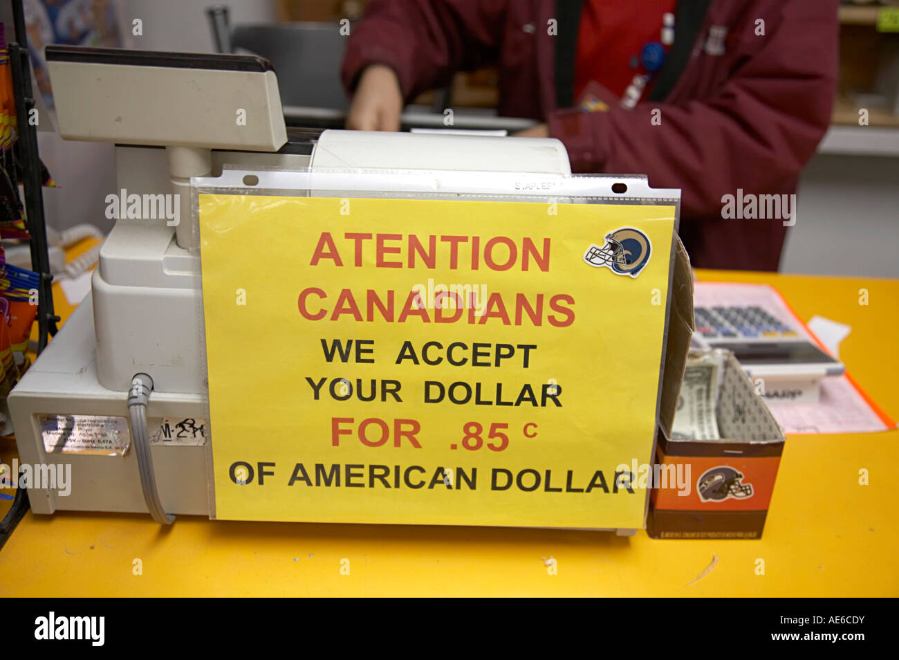 Sign on cash register in liquor store. Los Algodones BC Mexico Stock ...