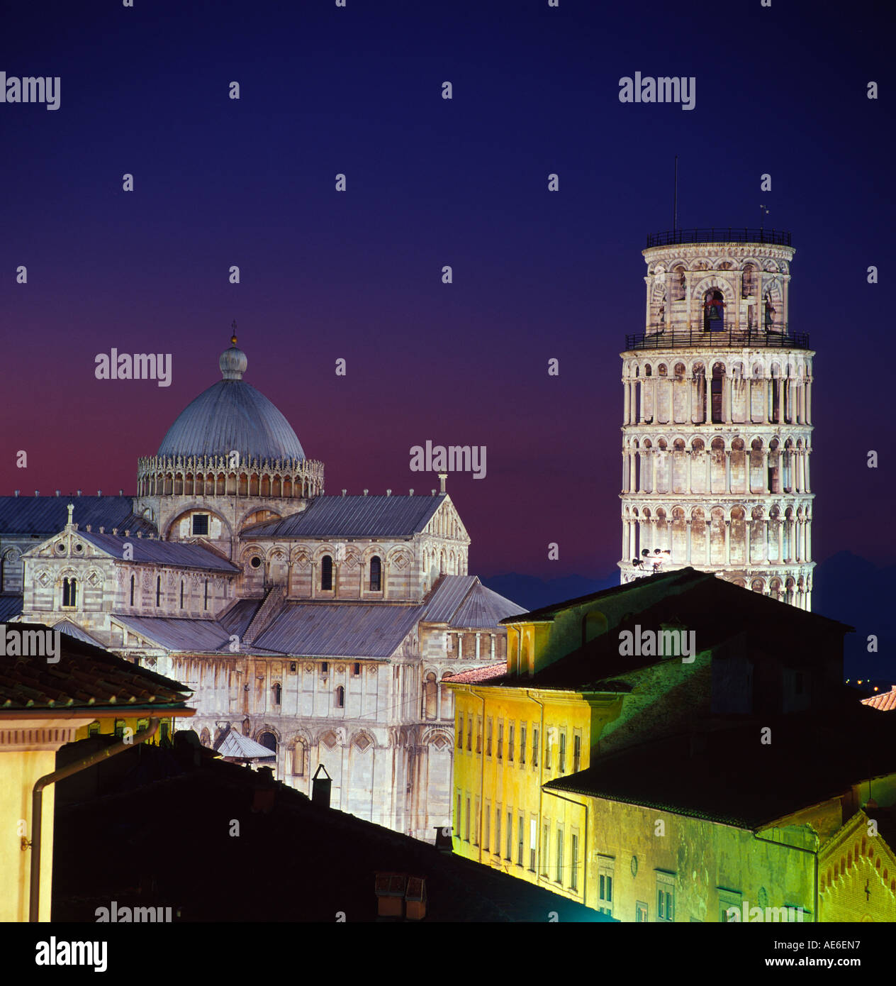 Europe Italy Tuscany Pisa, Duomo & Leaning Tower at Night Stock Photo ...