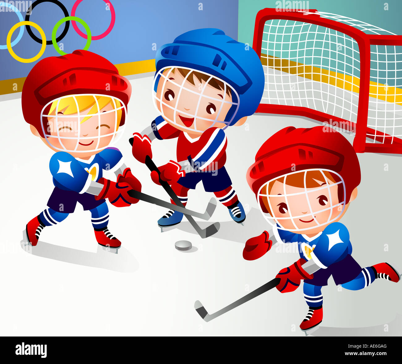 Three boys playing ice hockey Stock Photo - Alamy