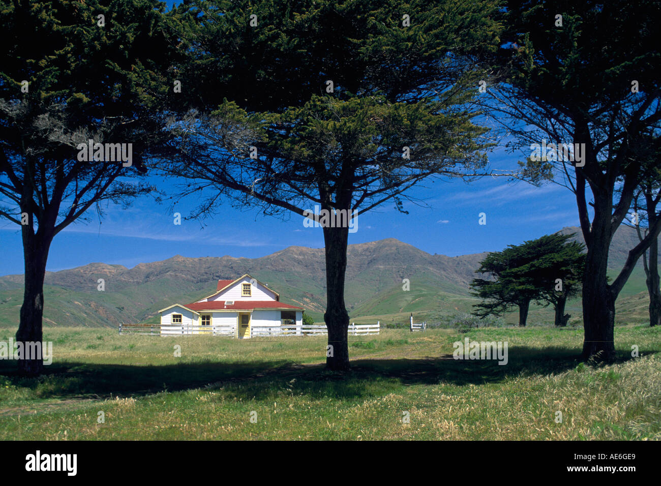 green hills and fields and Ranch house in spring Santa Cruz Island ...