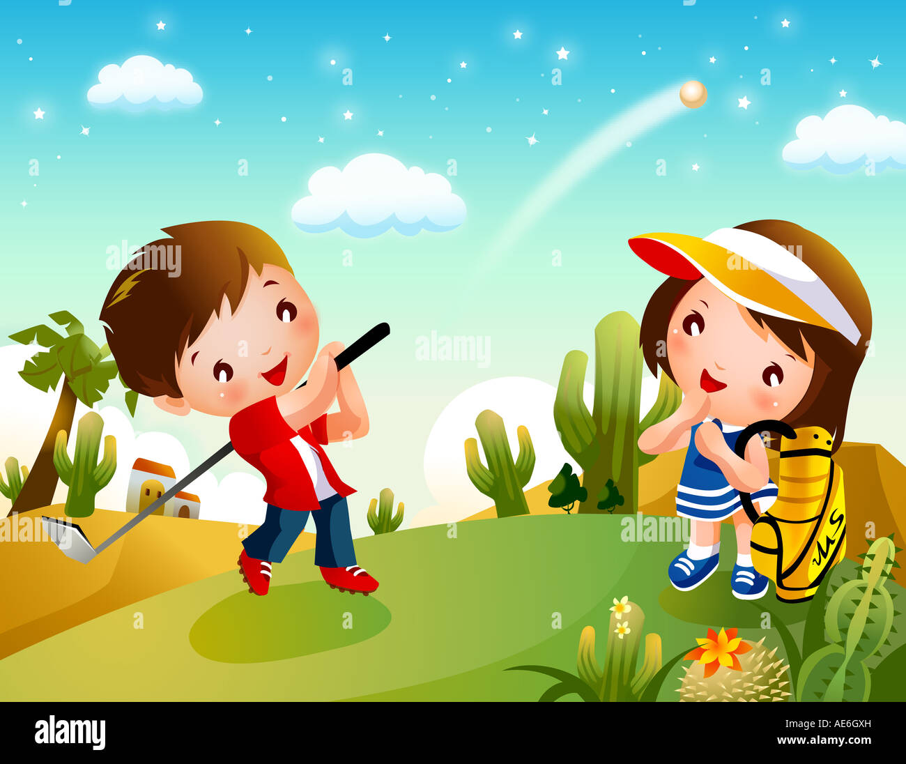 Side profile of a boy playing golf with a girl looking at him Stock ...