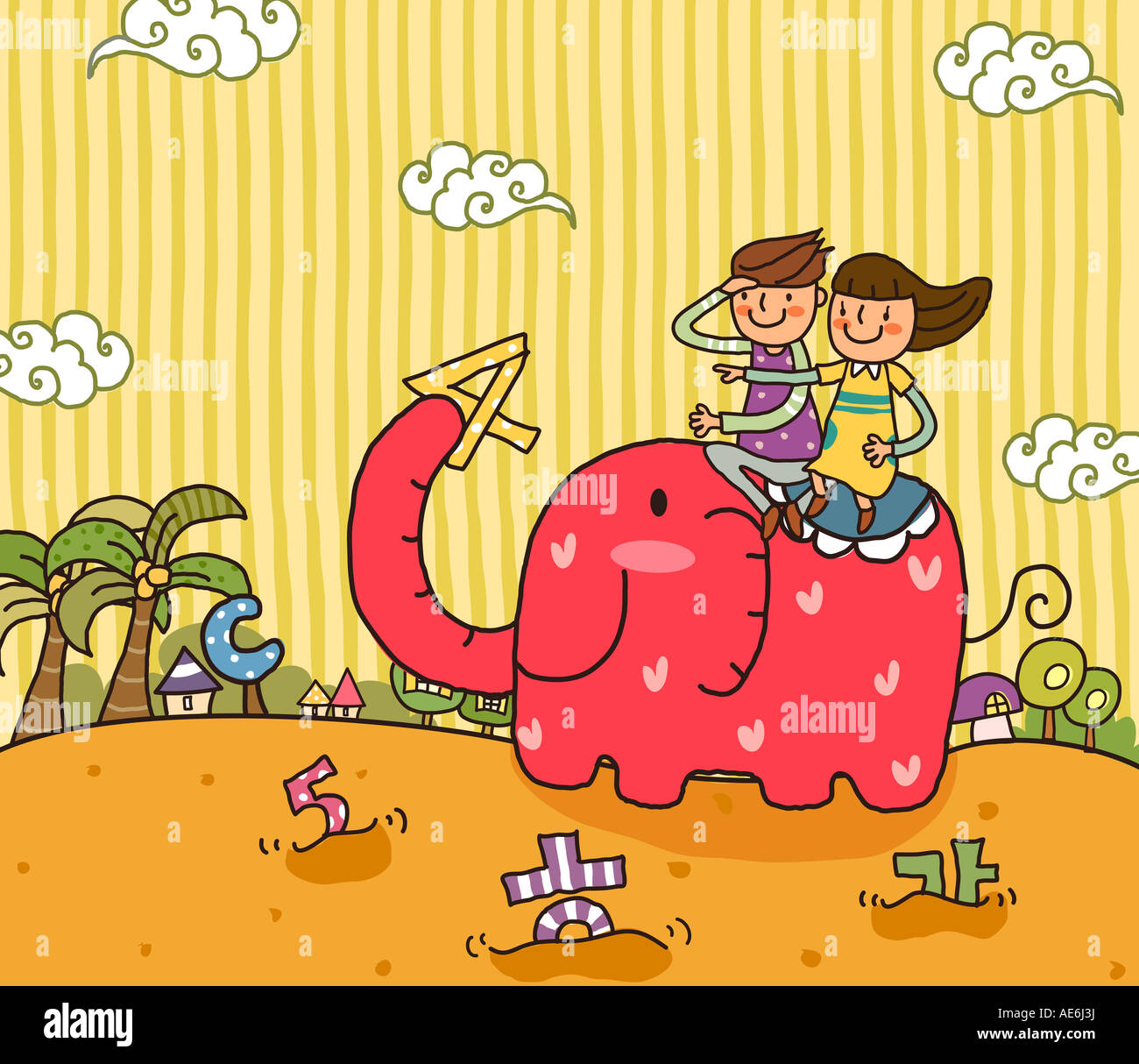 Boy and a girl sitting on an elephant Stock Photo - Alamy