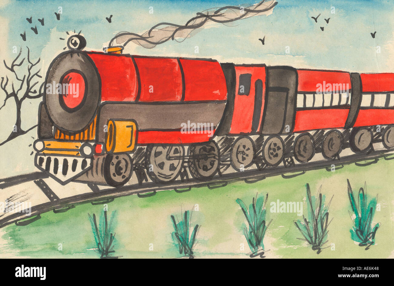 ARS71031 Painting illustration drawing color of steam engine train ...
