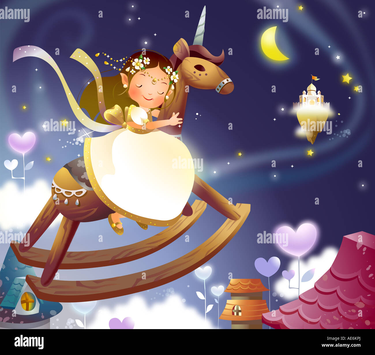 Girl riding a rocking horse Stock Photo - Alamy