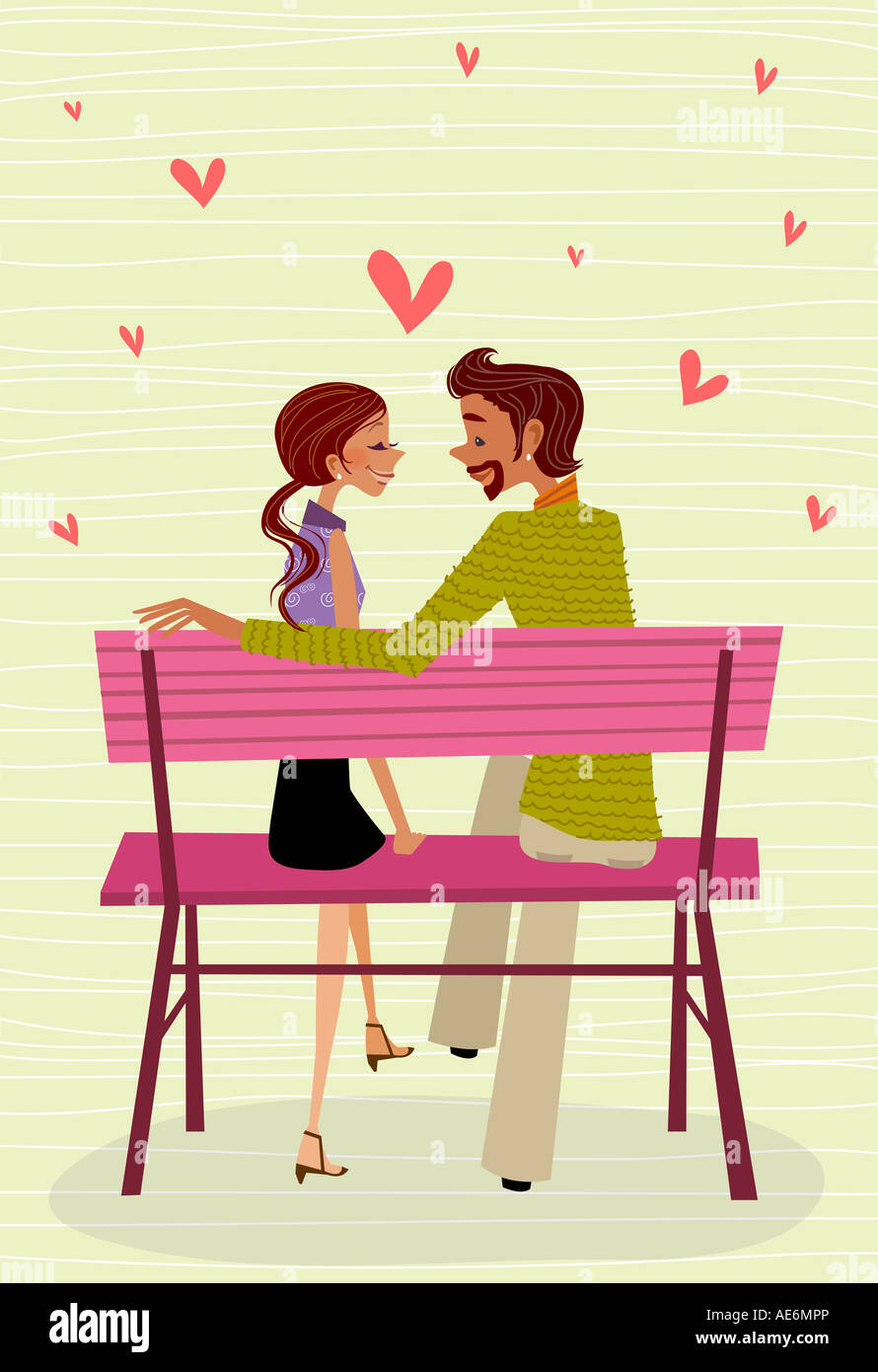 Side profile of a man and woman sitting face to face on a bench Stock ...