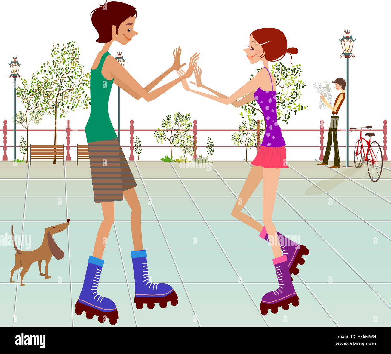 Side profile of a couple inline skating on a sidewalk Stock Photo - Alamy